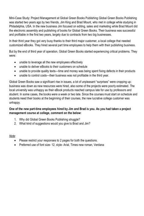 Solved Mini-Case Study: Project Management at Global Green | Chegg.com