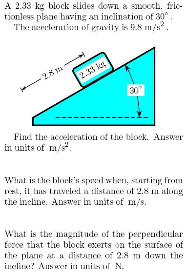 Solved A 2.33 kg block slides down a smooth, frictionless | Chegg.com