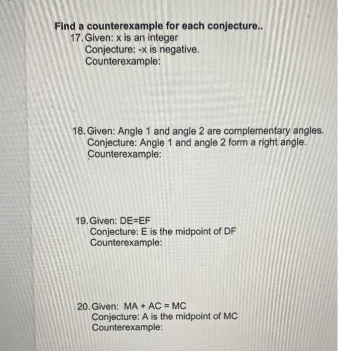 Solved Find a counterexample for each conjecture.. 17. | Chegg.com Solved Find a counterexample for each conjecture.. 17. | Chegg.com