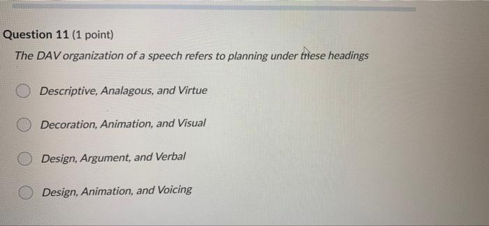 Solved Question 11 (1 point) The DAV organization of a | Chegg.com