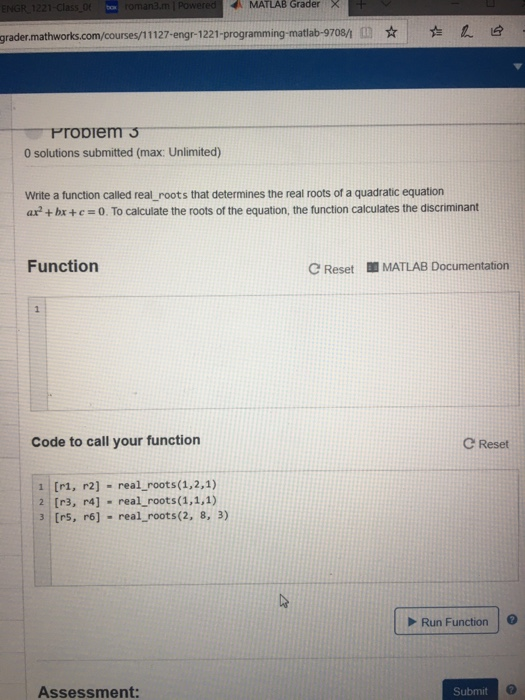 Solved 21-Class O ba roman3.mn Powered MATLAB Grader x | Chegg.com