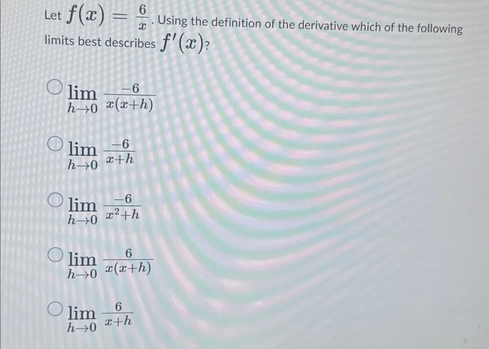 Solved Let f(x)=6x. ﻿Using the definition of the derivative | Chegg.com