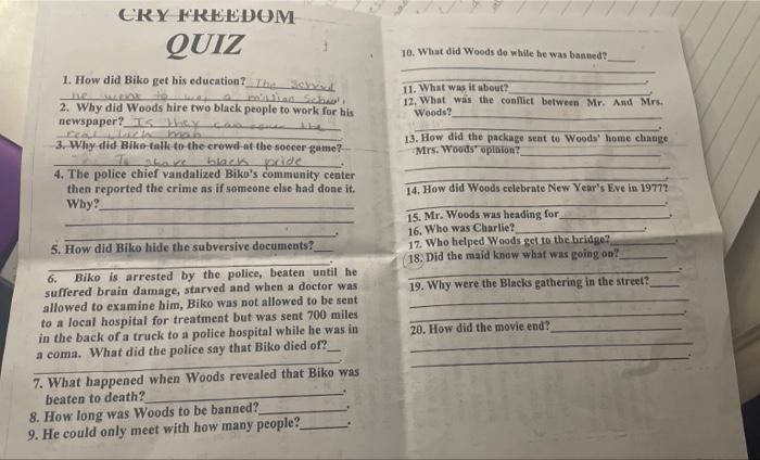 CRY FREEDOM QUIZ 10. What did Woods do while he was | Chegg.com