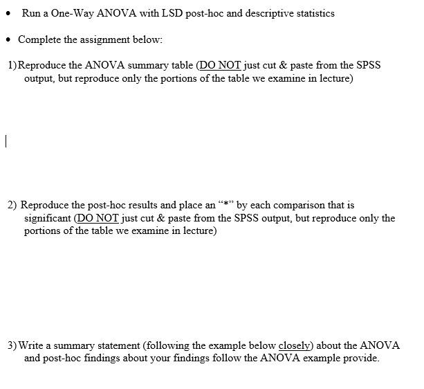 Solved • Run a One-Way ANOVA with LSD post-hoc and | Chegg.com