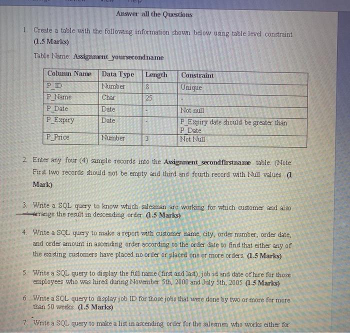 Solved Answer all the Questions 1. Create a table with the | Chegg.com
