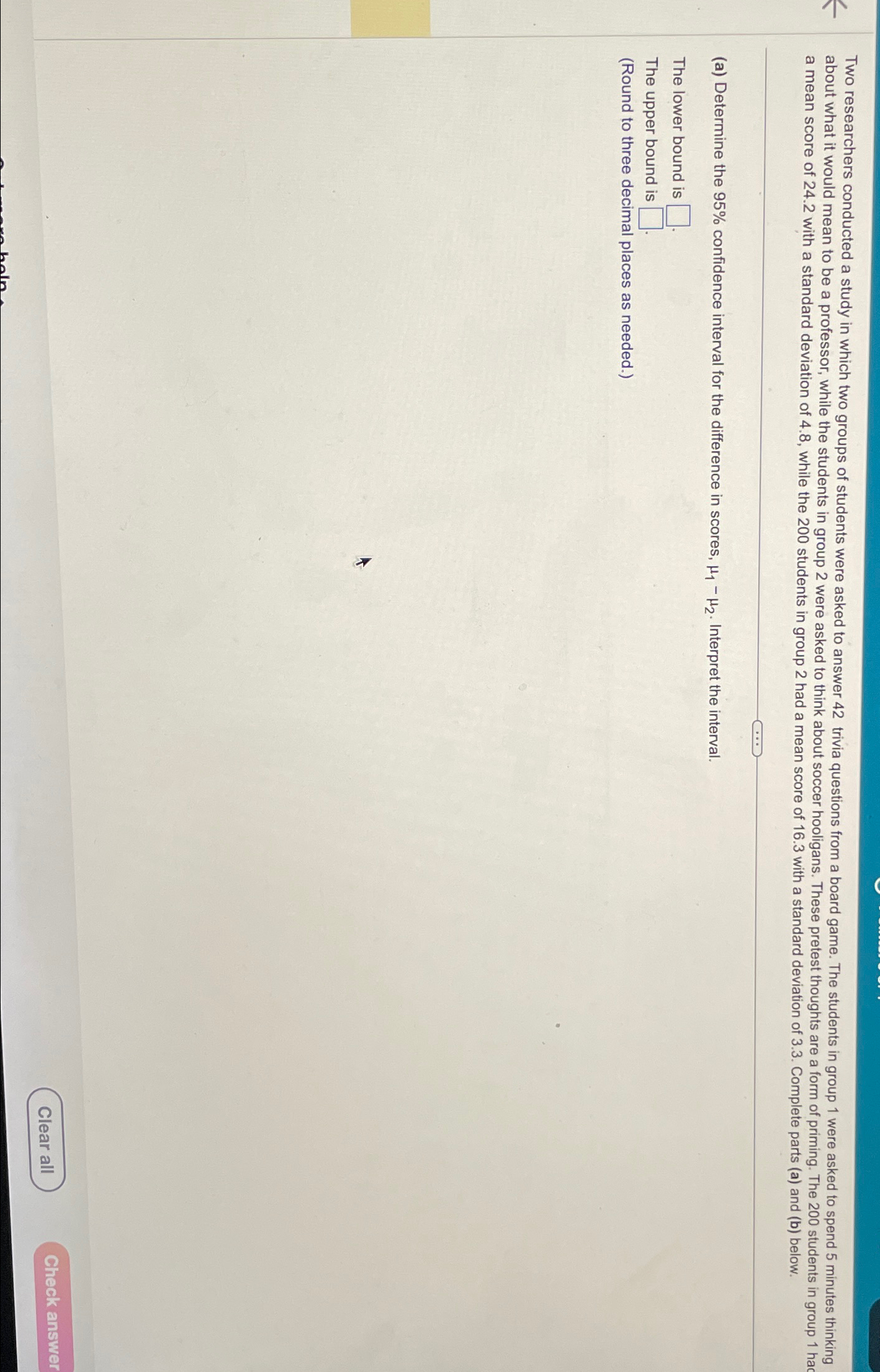 Solved Two researchers conducted a study in which two groups | Chegg.com