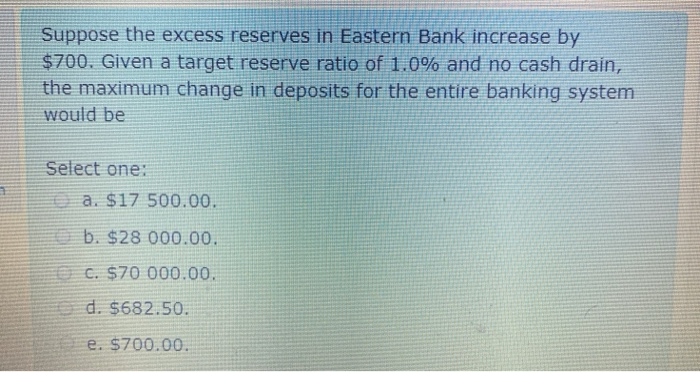 Solved Suppose the excess reserves in Eastern Bank increase | Chegg.com
