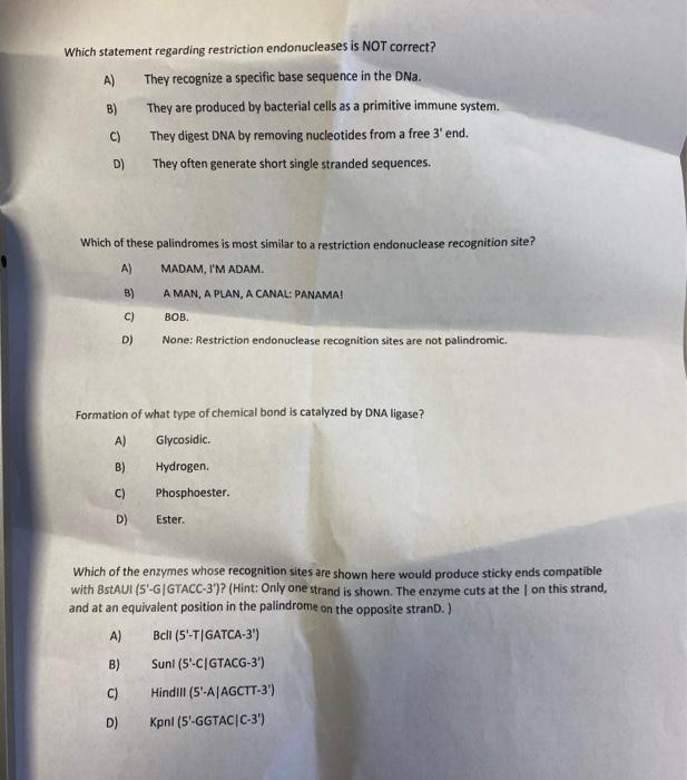 Solved Which statement regarding restriction endonucleases | Chegg.com