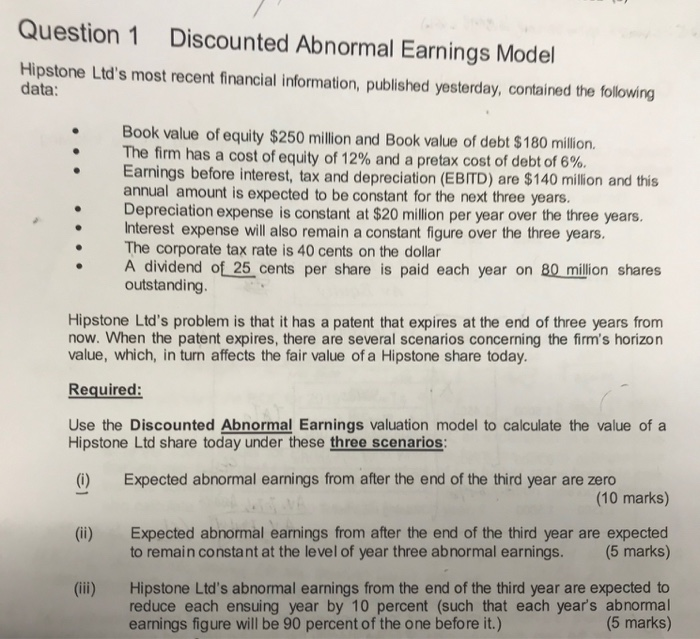 Solved Question 1 Discounted Abnormal Earnings Model | Chegg.com
