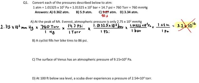 Solved Q1. Convert each of the pressures described below to | Chegg.com