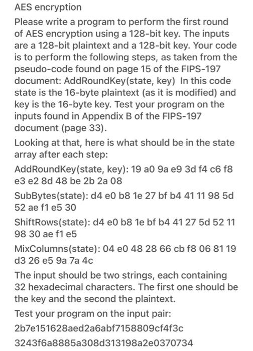 Solved AES encryption Please write a program to perform the | Chegg.com