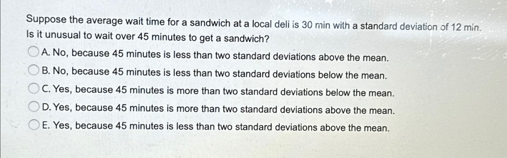 Solved Suppose the average wait time for a sandwich at a | Chegg.com