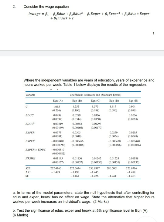 2. Consider the wage equation Inwage = B. + B Educ + | Chegg.com