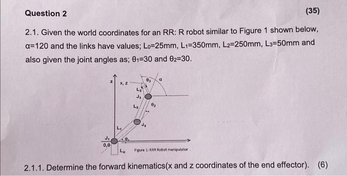 Solved 2.1. Given the world coordinates for an RR: R robot | Chegg.com