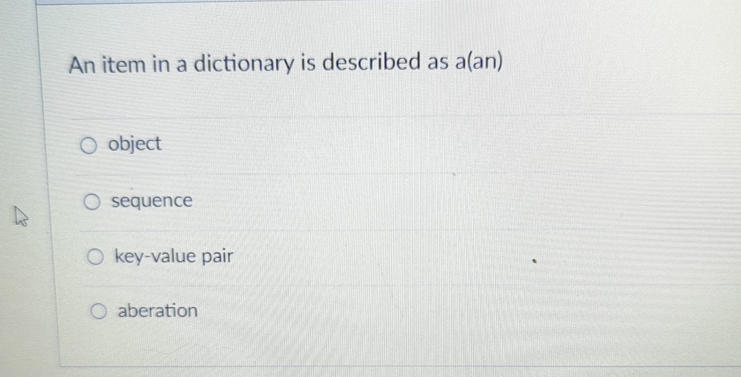 Solved An item in a dictionary is described as | Chegg.com