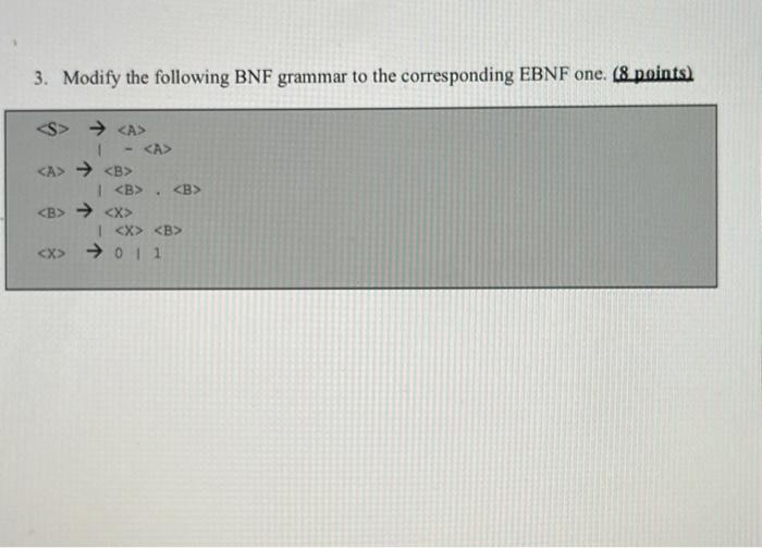 Solved 3. Modify the following BNF grammar to the | Chegg.com