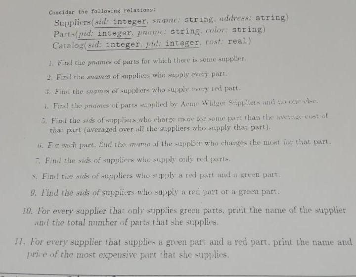 Solved Consider the following relations: Suppliers(sid: | Chegg.com