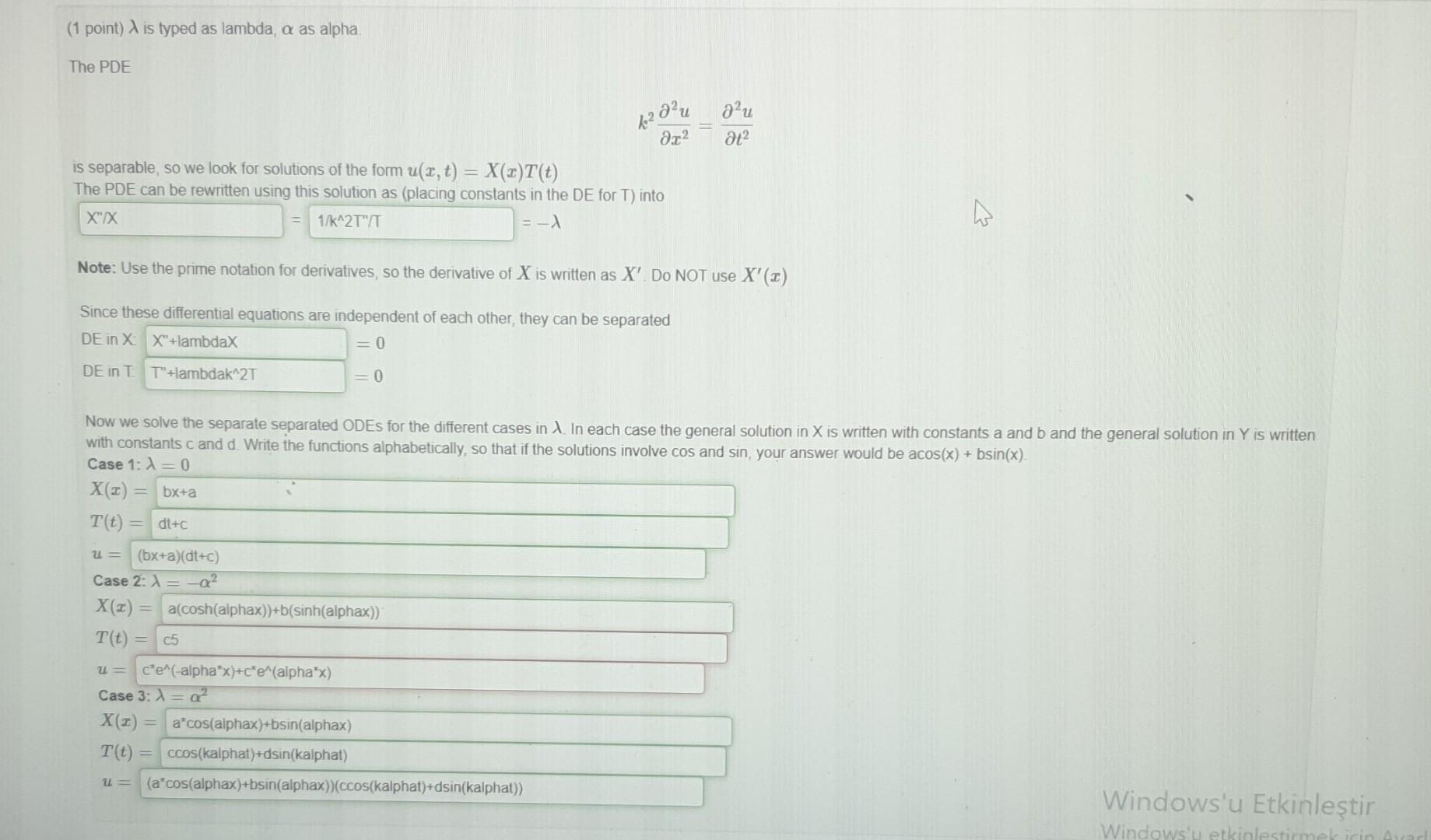 Solved (1 point) A is typed as lambda, a as alpha. The PDE | Chegg.com