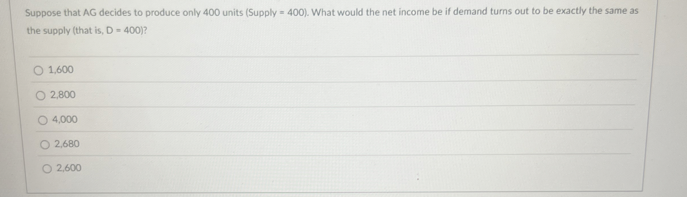 Solved Suppose that AG decides to produce only 400 ﻿units | Chegg.com