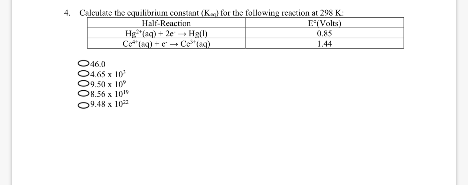 Solved Calculate The Equilibrium Constant Keq for The