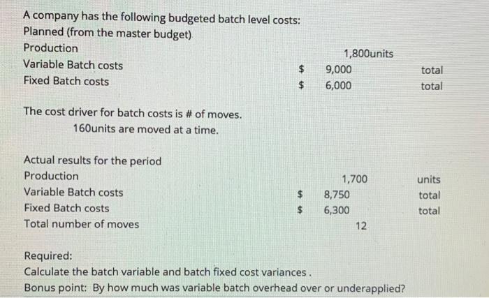 Solved A company has the following budgeted batch level | Chegg.com