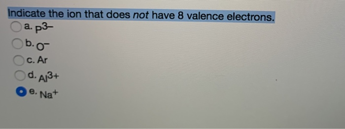 Solved Indicate the ion that does not have 8 valence | Chegg.com