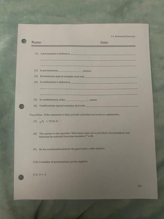 Solved Name: Date: (1) A permutation is defised as (2) In | Chegg.com