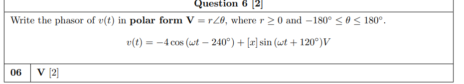 Solved Write the phasor of v(t) ﻿in polar form V = ﻿r\angle | Chegg.com