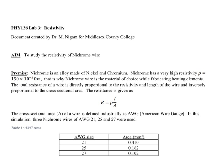 Solved PHY126 Lab 3: Resistivity Document created by Dr. M. | Chegg.com