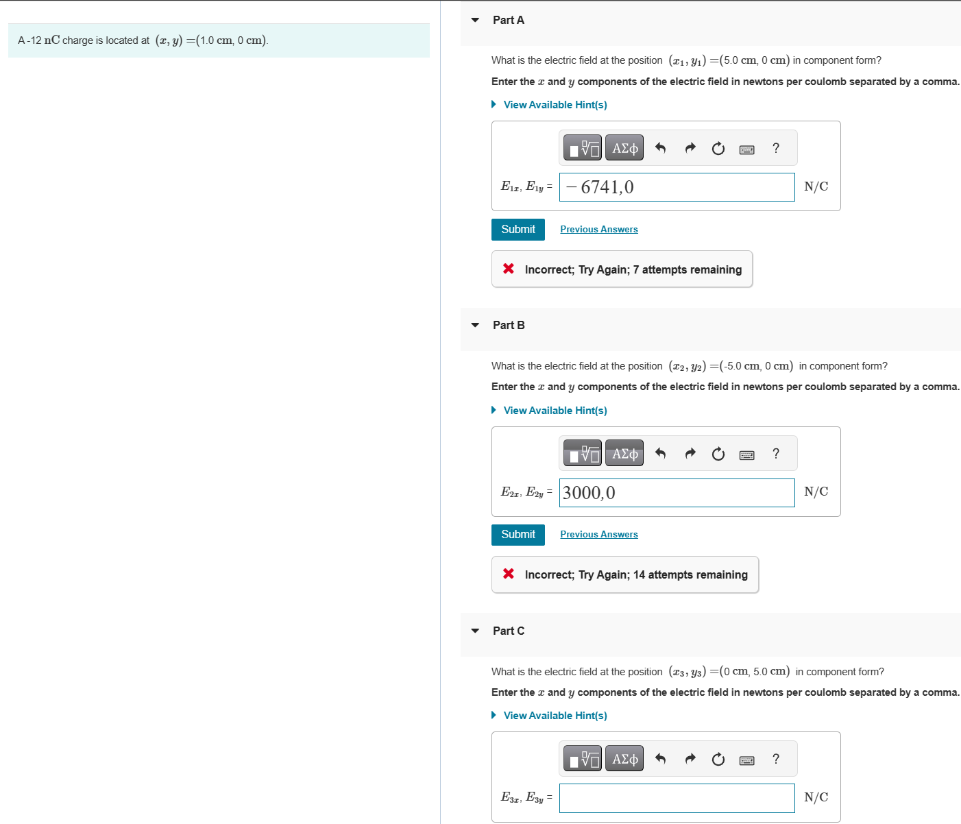 Solved A -12nC ﻿charge is located at (x,y)=(1.0cm,0cm).Part | Chegg.com