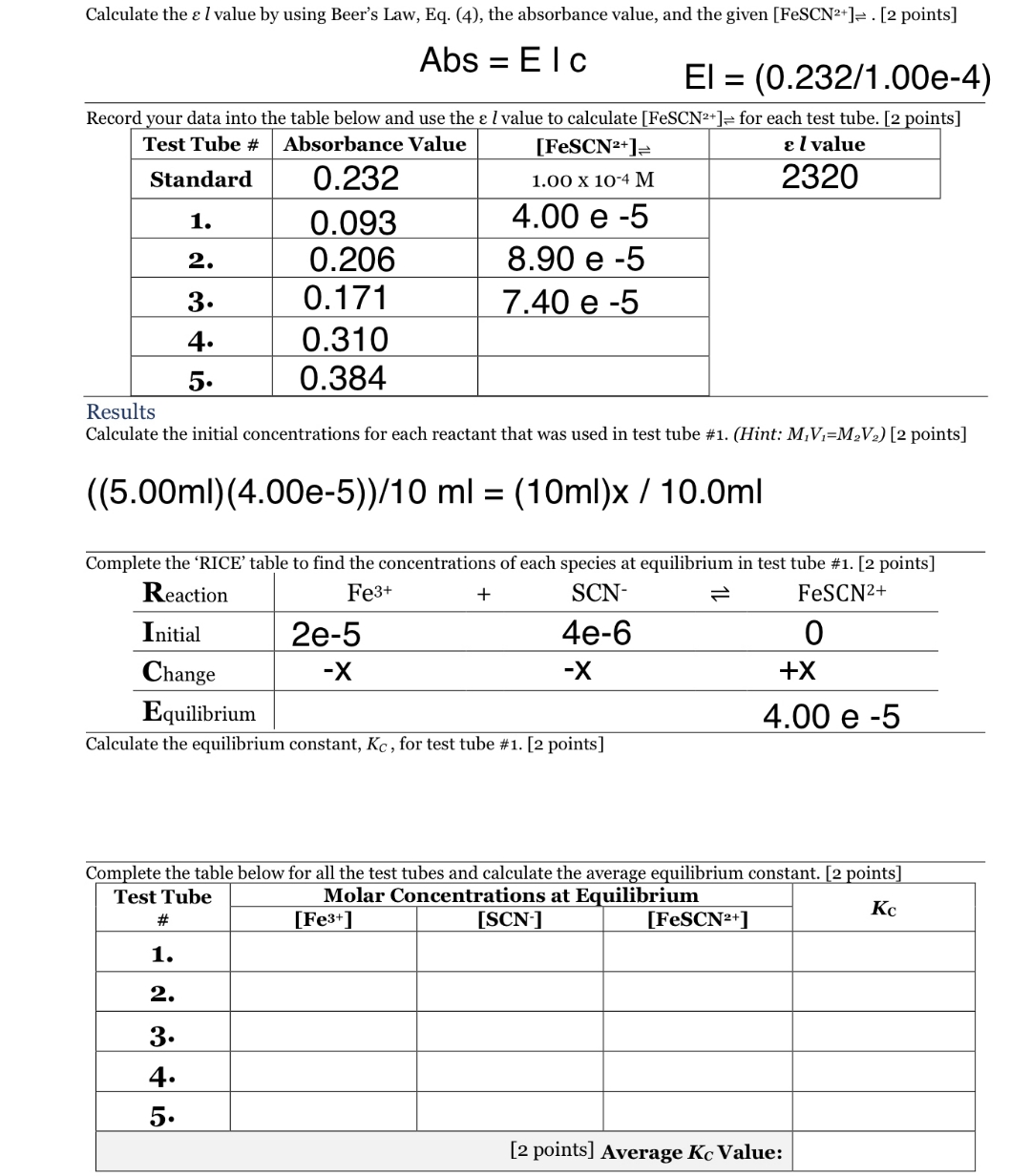 Solved Calculate the εl ﻿value by using Beer's Law, Eq. (4), | Chegg.com