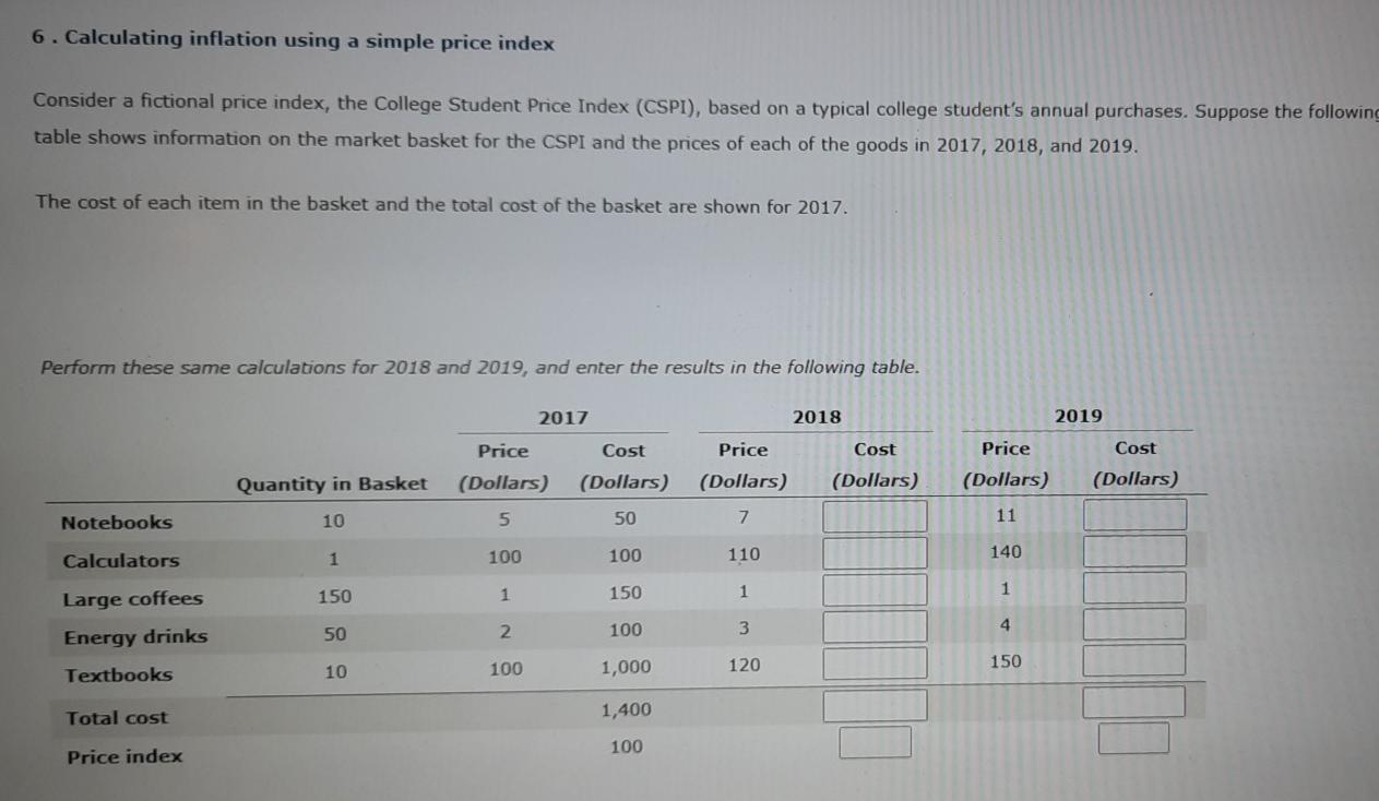 Solved 6. Calculating inflation using a simple price index | Chegg.com