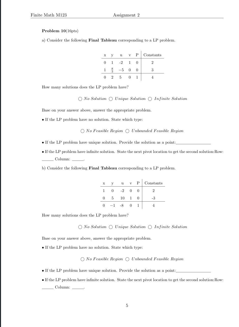 Solved Finite Math M123Assignment 2Problem 10(16pts)a) | Chegg.com