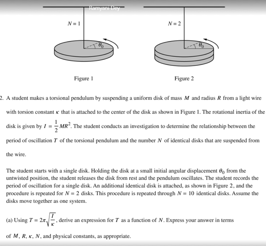 Figure 1Figure 2A student makes a torsional pendulum | Chegg.com