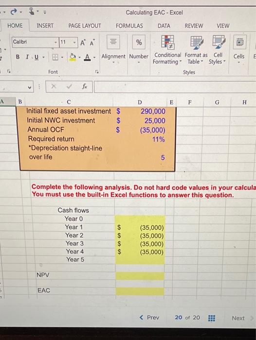 Solved Calculating EAC - Excel HOME INSERT PAGE LAYOUT | Chegg.com