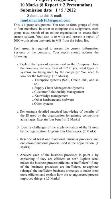 Solved 10 Marks (8 Report + 2 Presentation) Submission date | Chegg.com