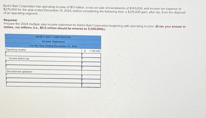 Solved Barb's Bait Corporation has operating income of $11 | Chegg.com