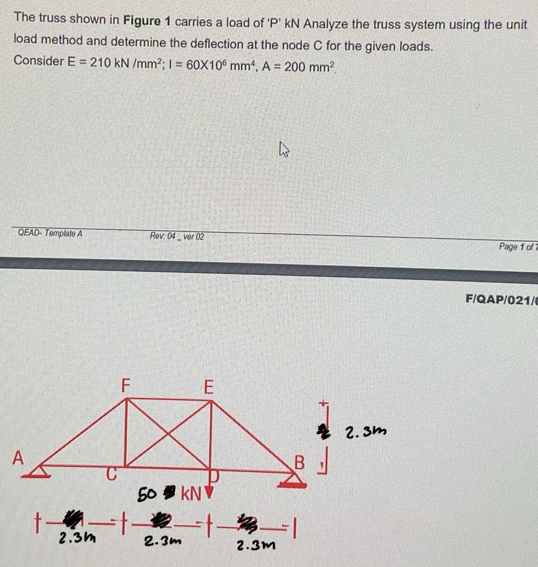 Solved The truss shown in Figure 1 ﻿carries a load of 'P' | Chegg.com