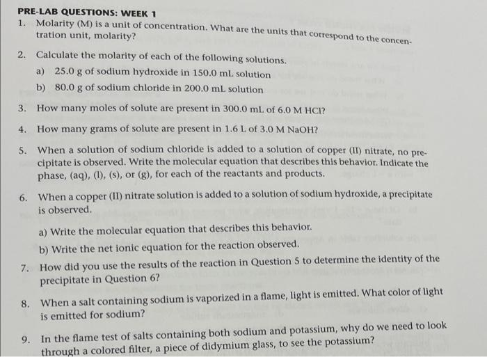 [Solved]: PRE-LAB QUESTIONS: WEEK 1 1. Molarity (M) is a un