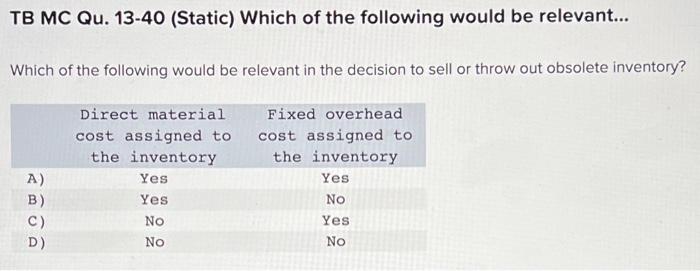 Solved TB MC Qu. 13-40 (Static) Which of the following would | Chegg.com