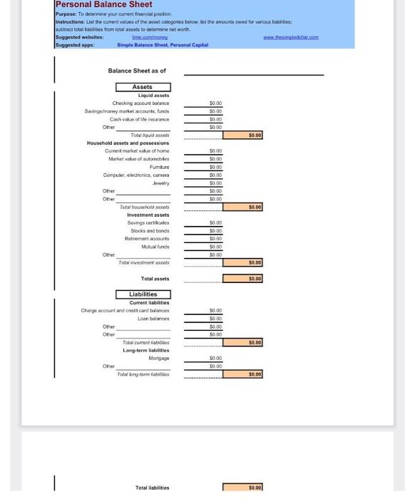 Solved Personal Balance Sheet Purpose: To determine your | Chegg.com