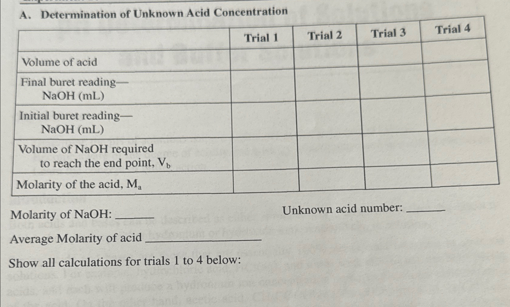 Solved A. ﻿Determination of Unknown Acid | Chegg.com