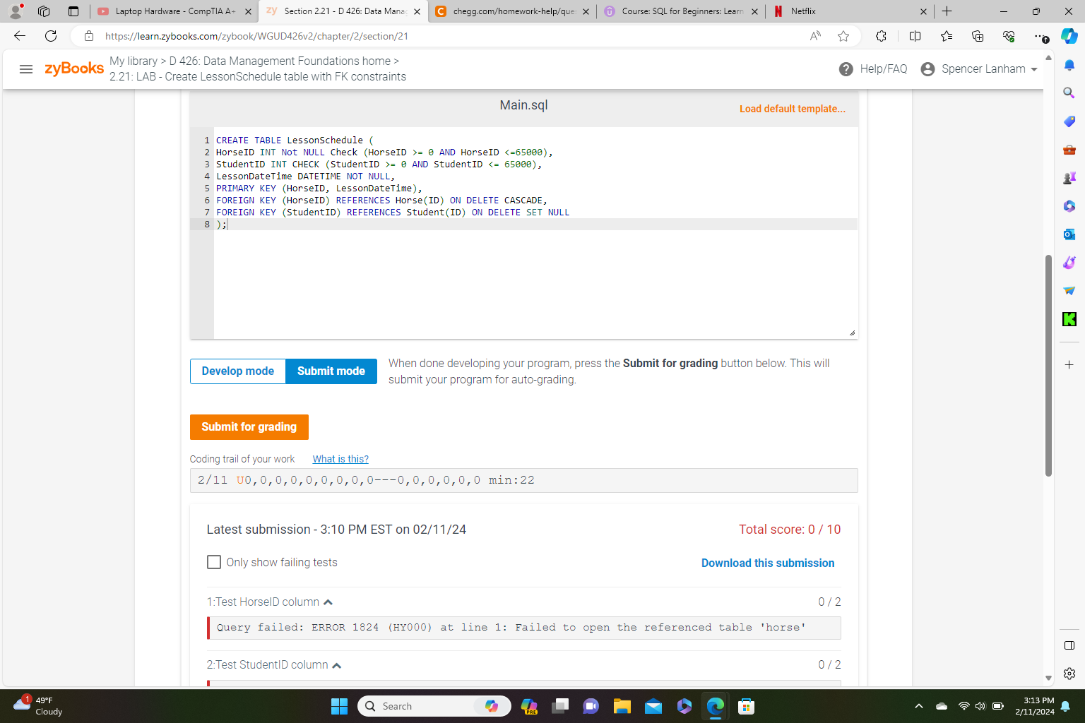 Solved Please Help I keep trying and it does nThe database | Chegg.com
