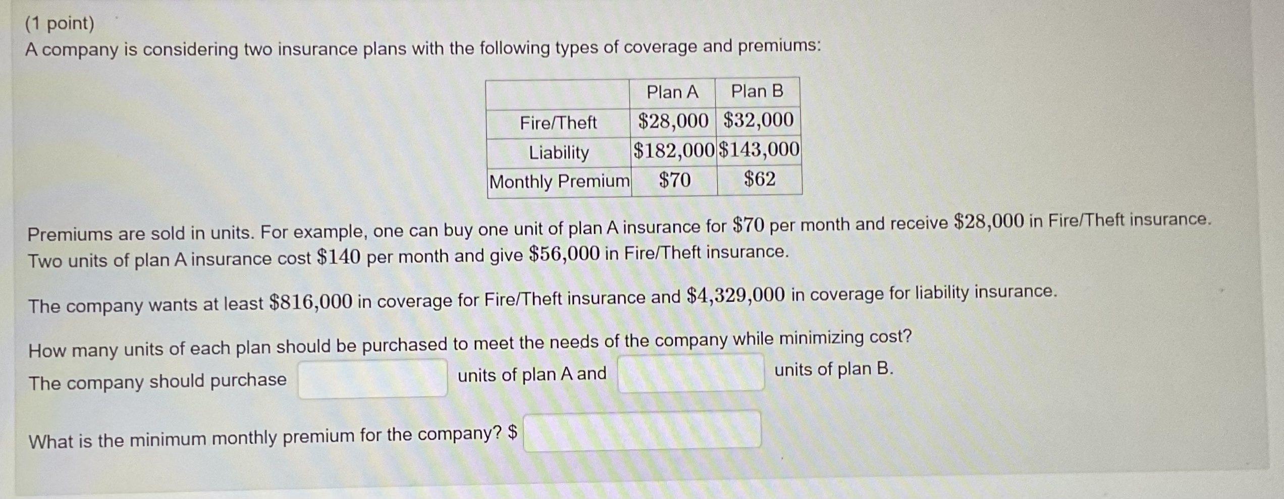 Solved (1 ﻿point)A company is considering two insurance | Chegg.com