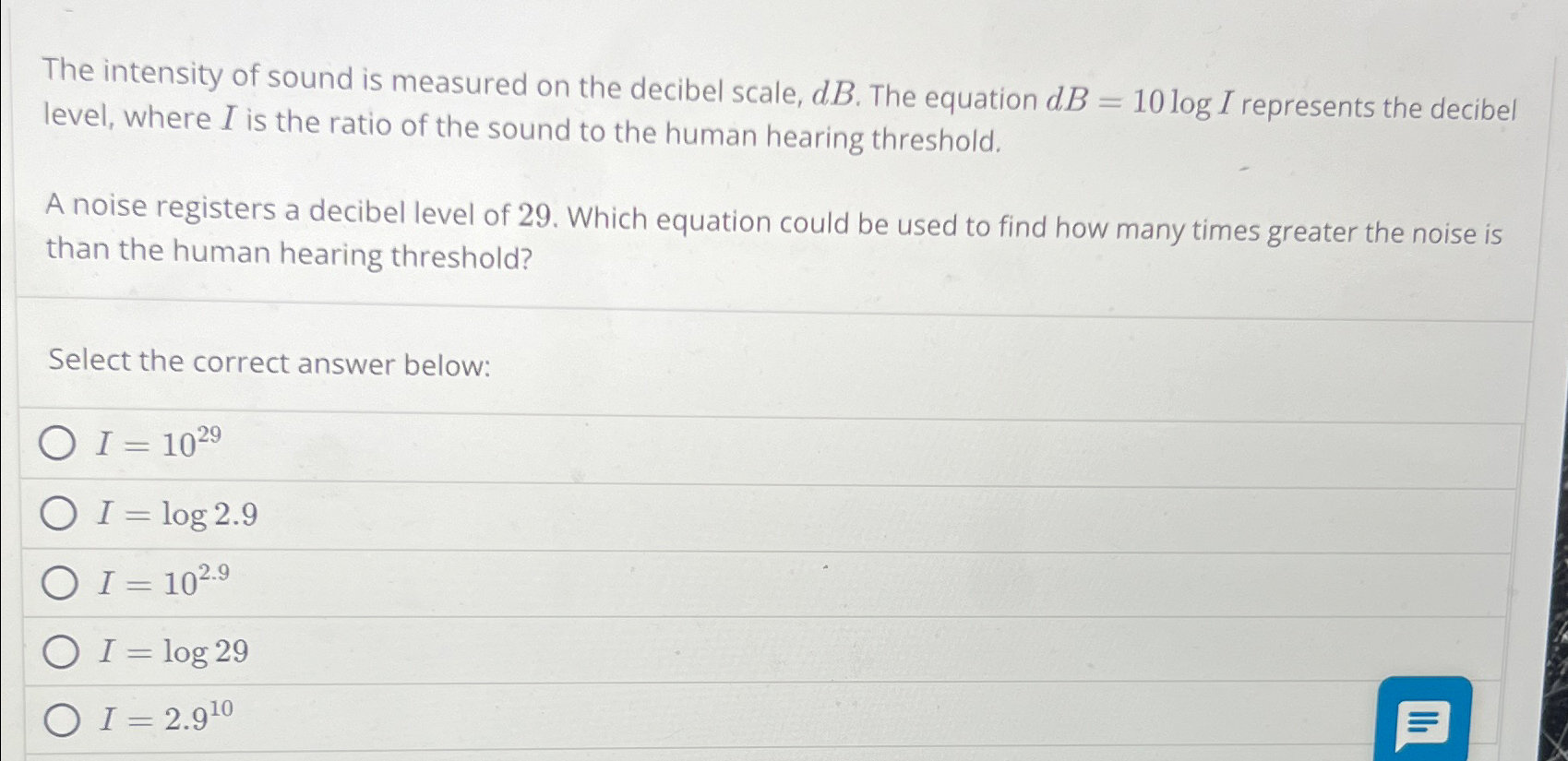 Solved The intensity of sound is measured on the decibel | Chegg.com
