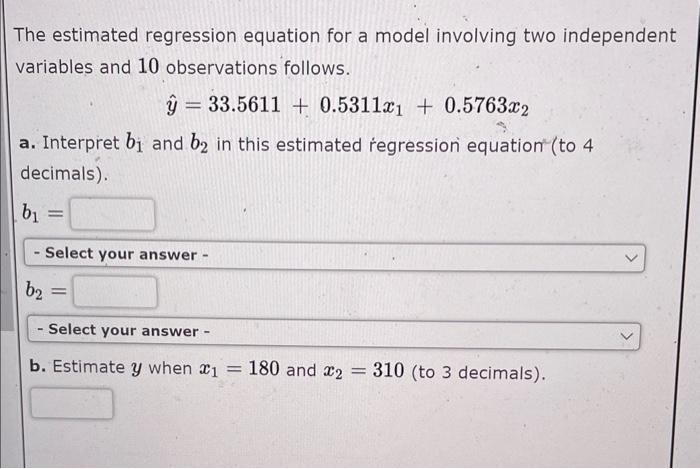 Solved The estimated regression equation for a model | Chegg.com