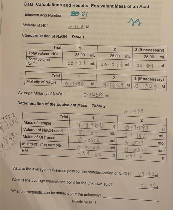 Solved Data, Calculations and Results: Equivalent Mass of an | Chegg.com