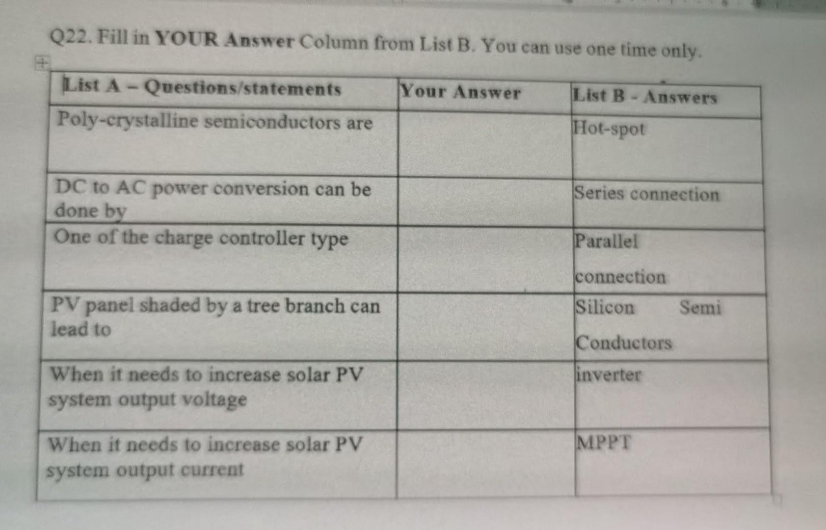 Solved Q22. Fill in YOUR Answer Column from List B. You can | Chegg.com