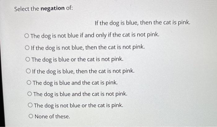 Solved Select the negation of: If the dog is blue, then the | Chegg.com