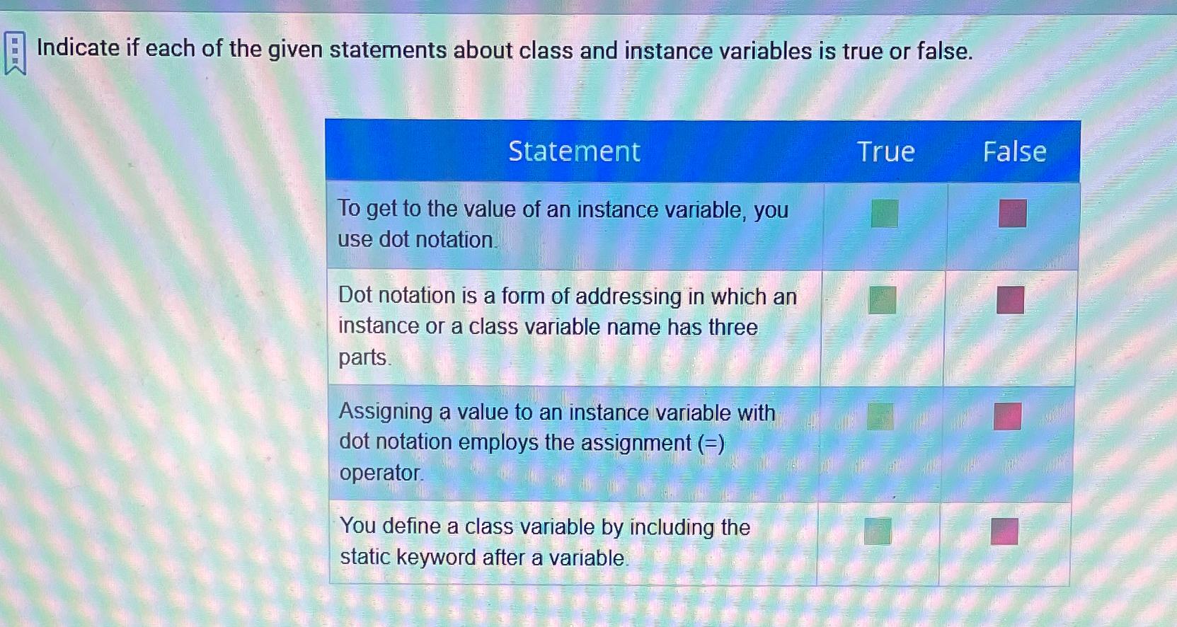 Solved Indicate if each of the given statements about class | Chegg.com
